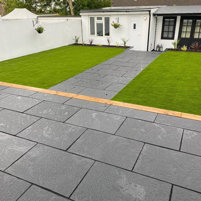 Kadapa Black Indian Limestone Paving Slabs - Riven - Sawn Edge - 900x6